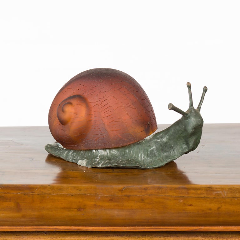 Small Vintage Bronze Snail with Glass Shell Body and Electrified Lamp ...