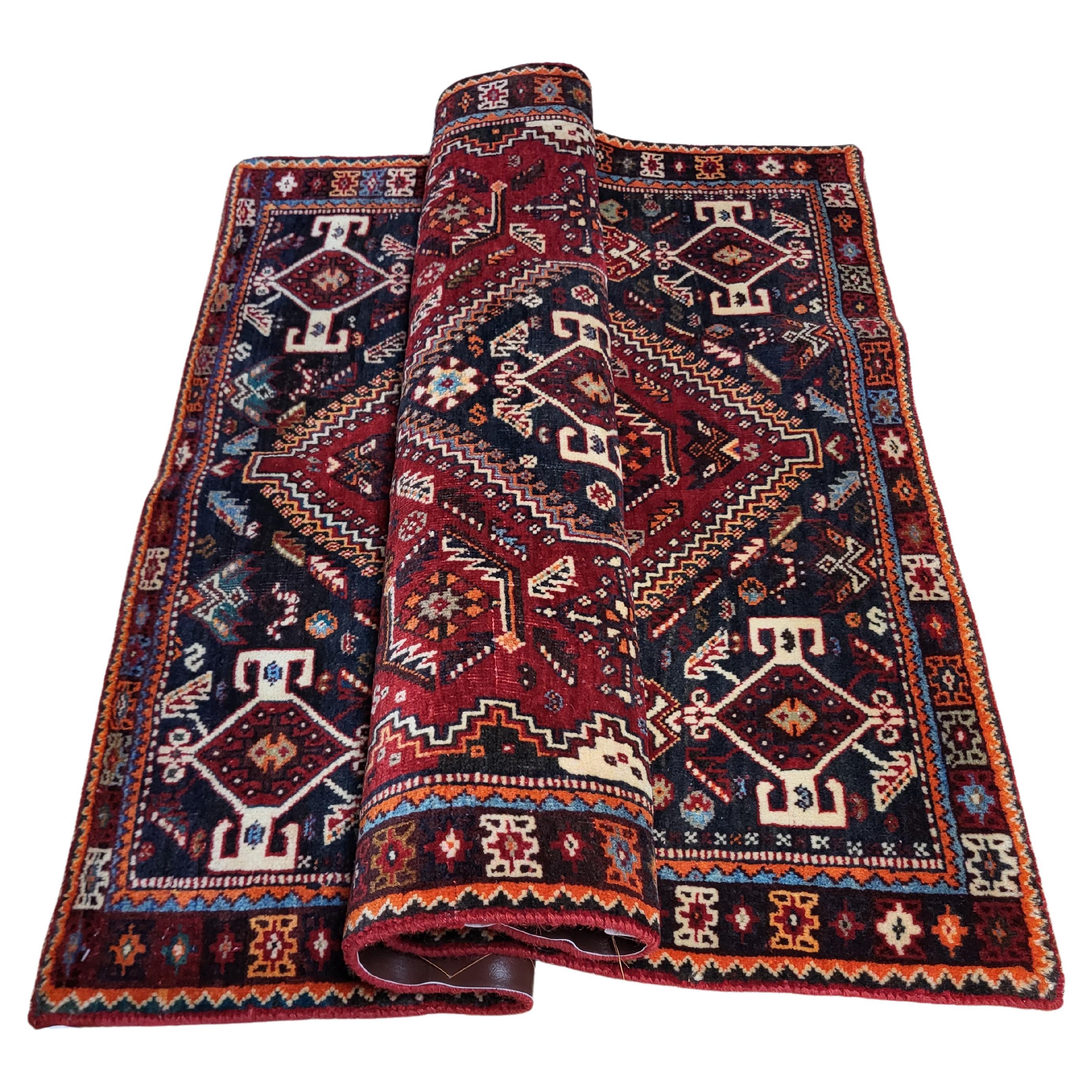 Small Vintage Qashqai - Nomadic Persian Rug - Geometric - Crimson, Navy ...