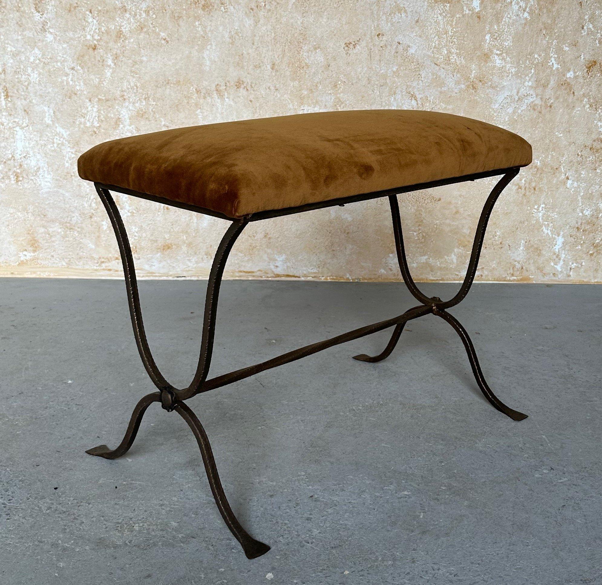 Small Vintage Spanish Iron Bench in Velvet For Sale at 1stDibs