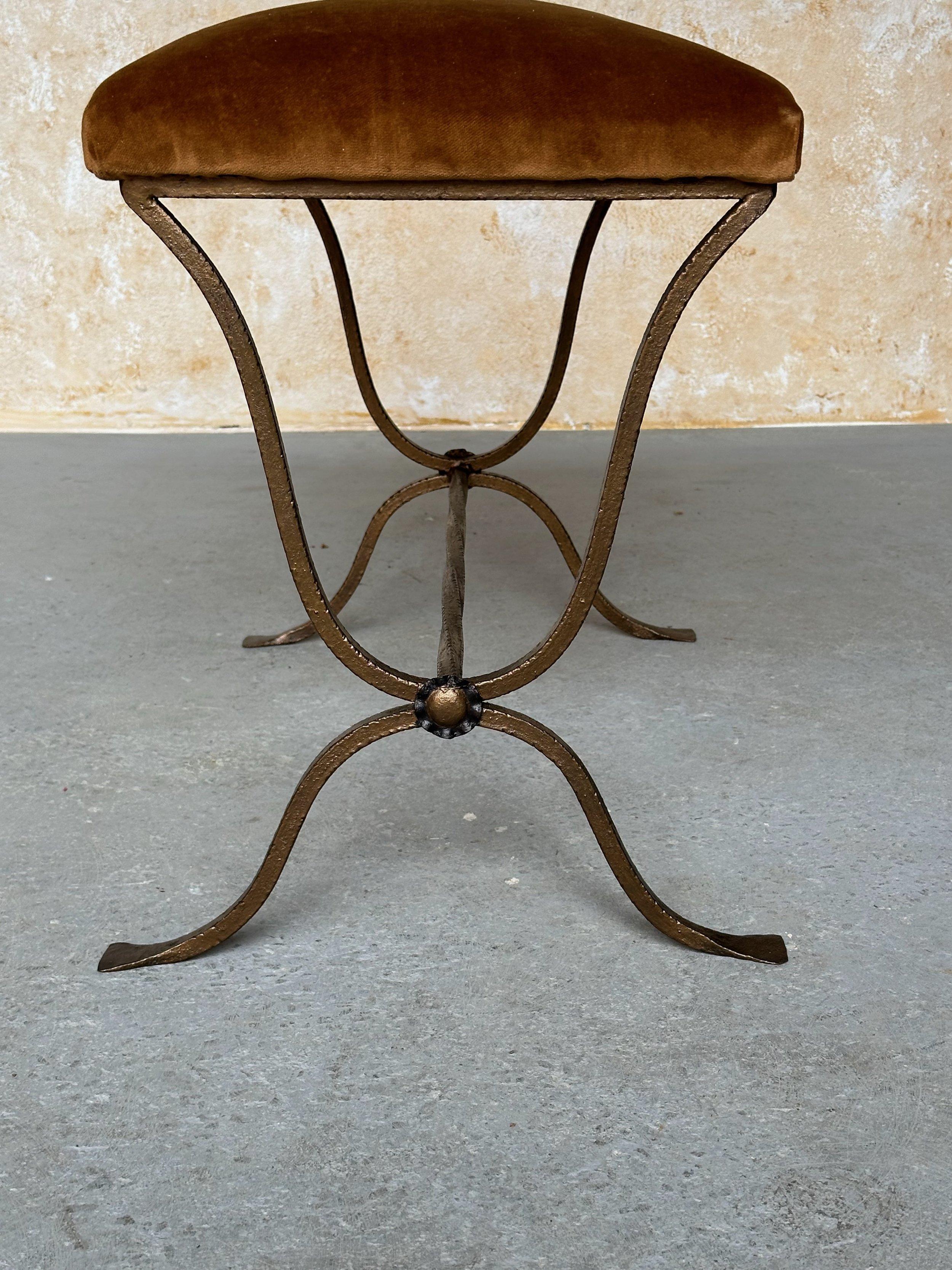 Small Vintage Spanish Iron Bench in Velvet For Sale at 1stDibs