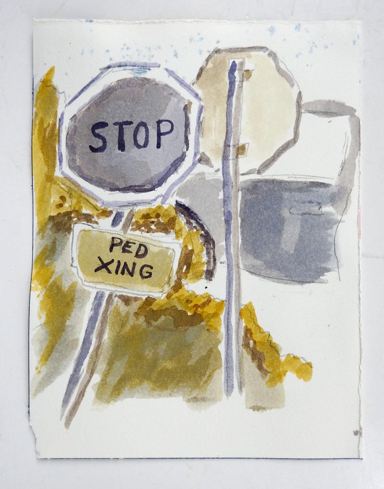 Small Vintage Stop Sign and Architecture Watercolor Painting Double ...