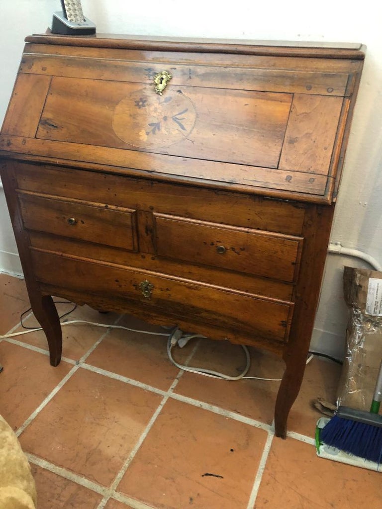 Small Walnut Drop Front Secretaire with Black Painted Inside with Key ...