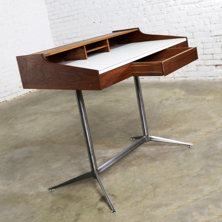 Small Walnut Mid-Century Modern Writing Desk in the Style of George ...