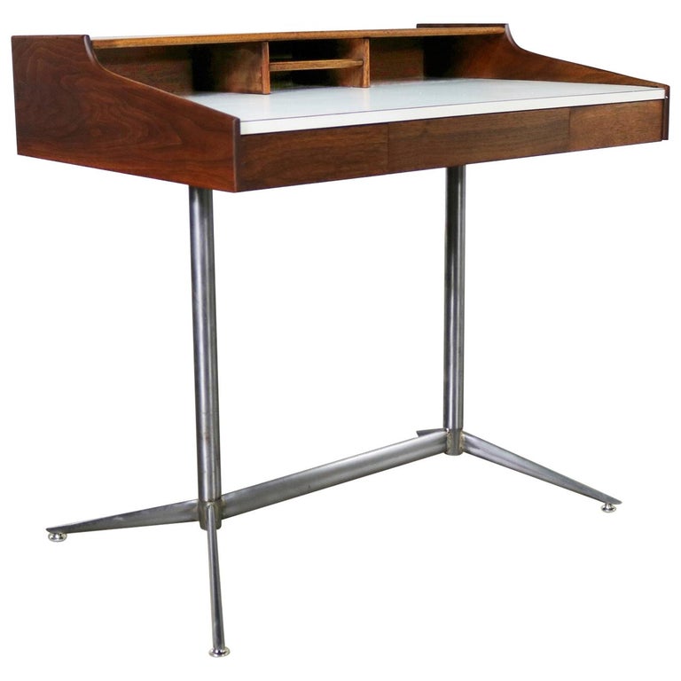Small Walnut Mid-Century Modern Writing Desk in the Style of George ...