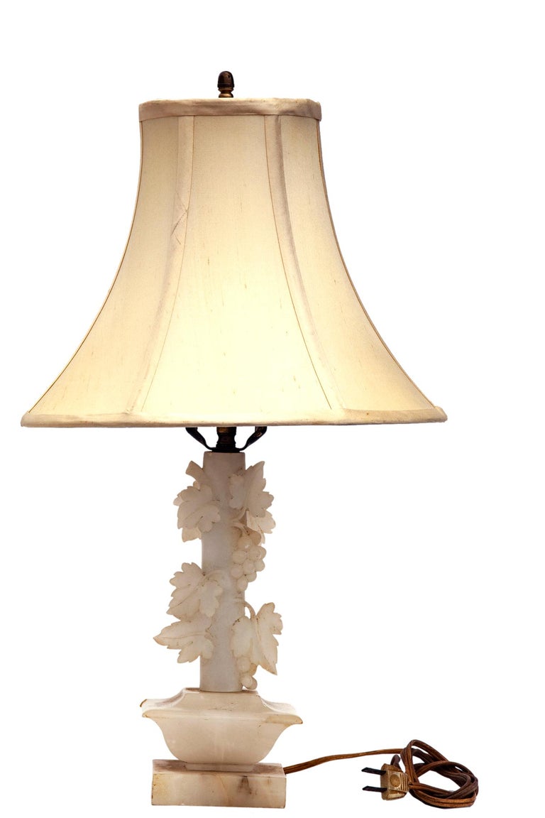 Small White Onyx Marble Table Lamp of Vines with Silk Bell Shade For ...