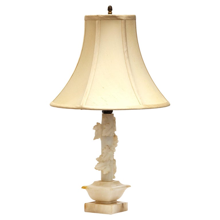 Small White Onyx Marble Table Lamp of Vines with Silk Bell Shade For ...