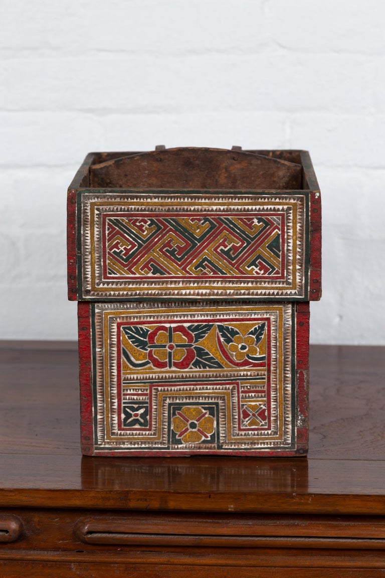 Small Wooden Thai Betel Nut Box with Polychrome Geometrical and Floral ...