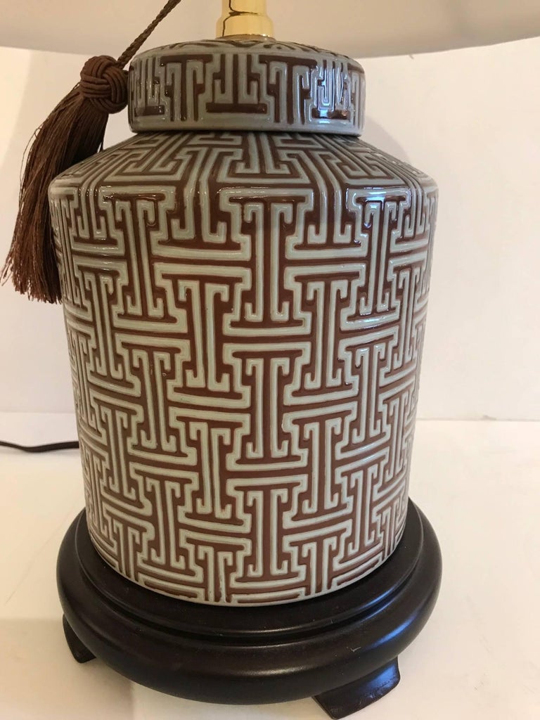 Smashing Pair of Chunky Brown and Grey Geometric Patterned Table Lamps ...