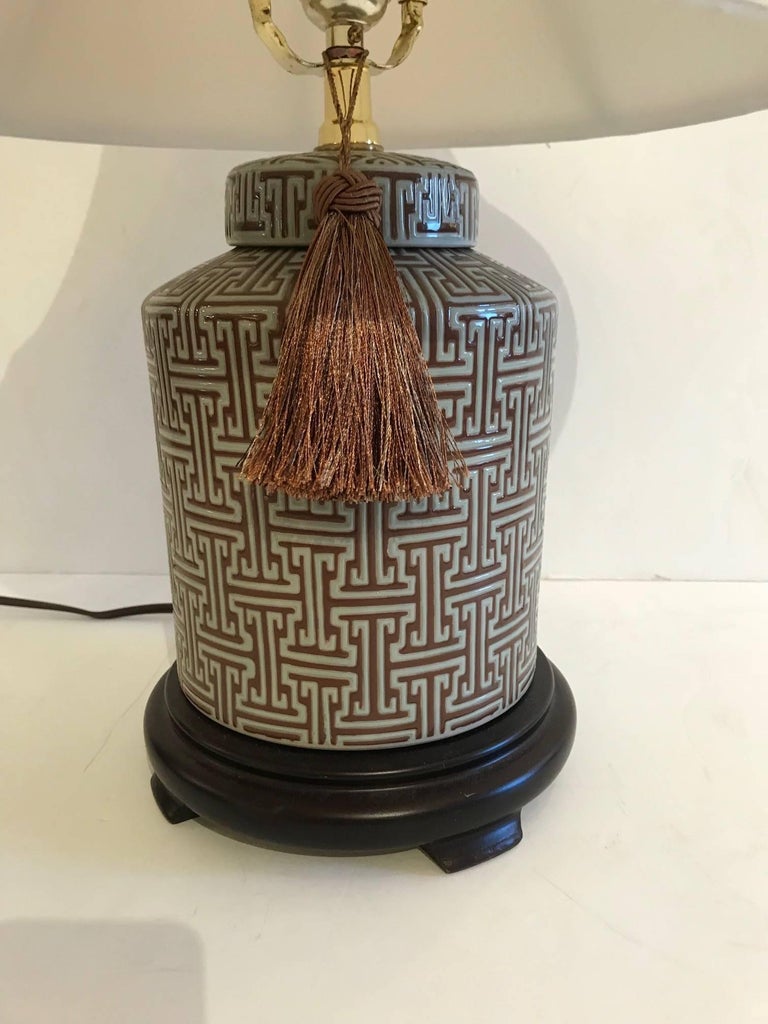 Smashing Pair of Chunky Brown and Grey Geometric Patterned Table Lamps ...