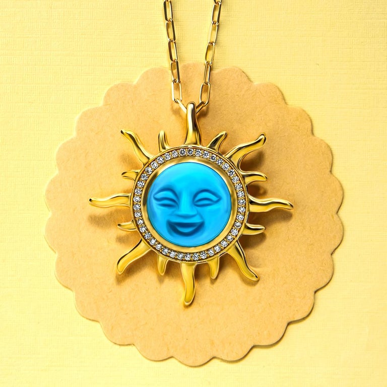 Smiling Sun Turquoise Pendant, 18 Karat Yellow Gold For Sale at 1stDibs