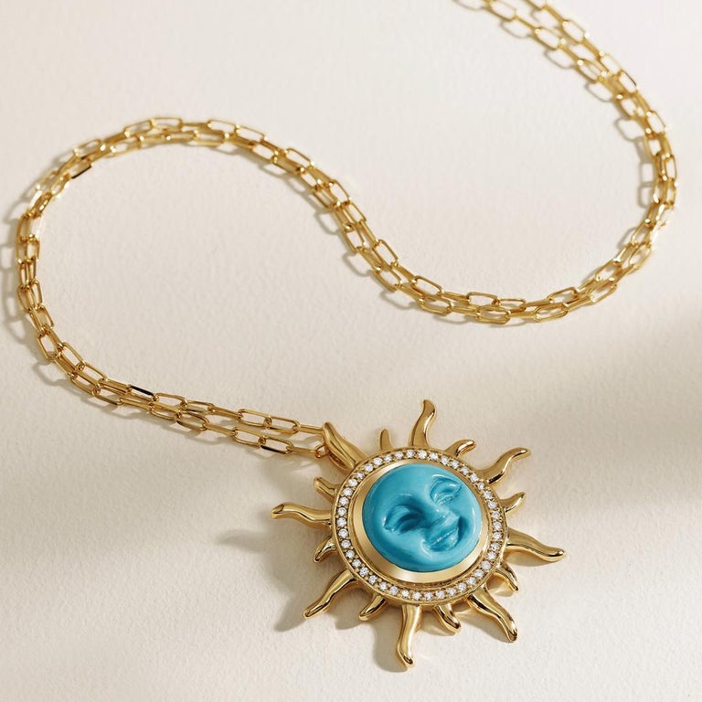Smiling Sun Turquoise Pendant, 18 Karat Yellow Gold For Sale at 1stDibs