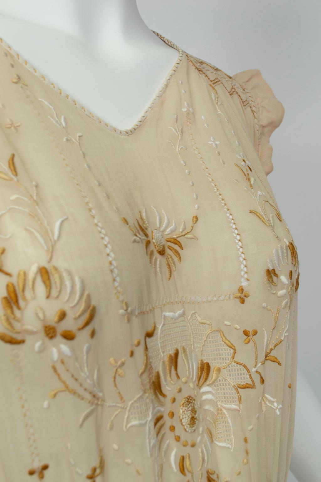 Edwardian Nude Sheer Embroidered Voile and Satin Chemise Dress - M ...