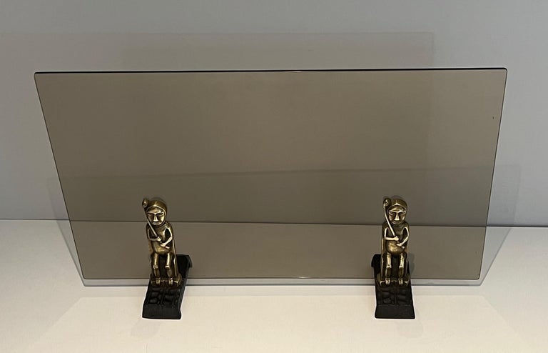 Smoked Glass and Bronze Fireplace Screen with Seated Shamans by A ...