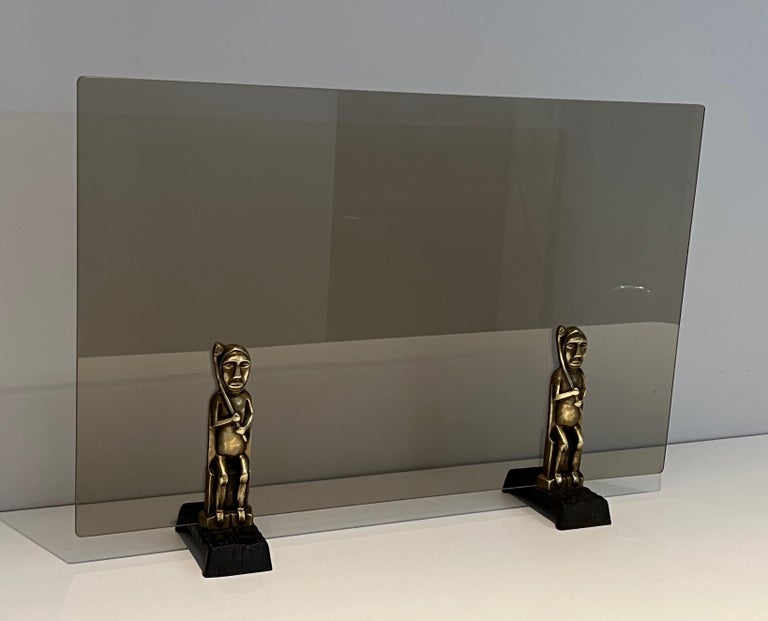 Smoked Glass and Bronze Fireplace Screen with Seated Shamans by A ...