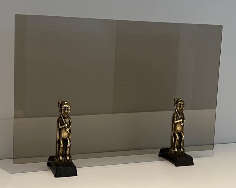 Smoked Glass and Bronze Fireplace Screen with Seated Shamans by A ...