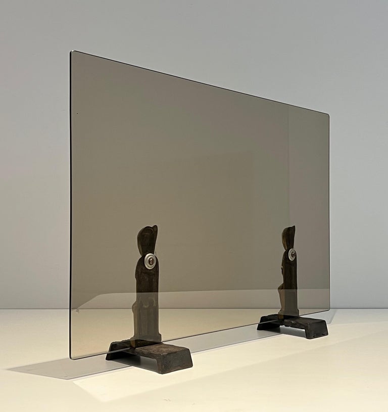 Smoked Glass and Bronze Fireplace Screen with Seated Shamans by A ...