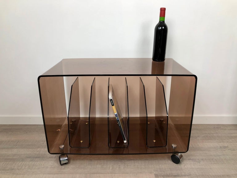 Smoked Lucite Magazine Vinyl Racket Holder Side Table Trolley Cart ...