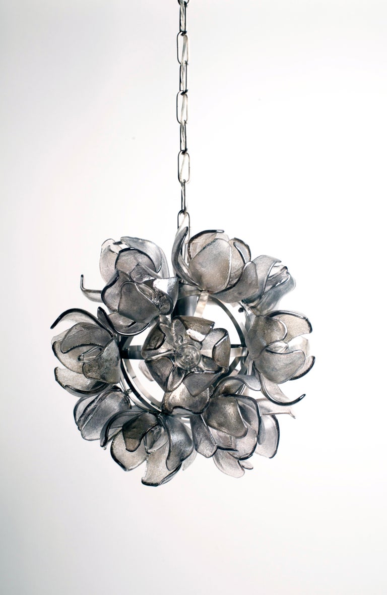 Smokey Grey Glass Magnolia Chandelier on Stainless Frame by Elizabeth ...