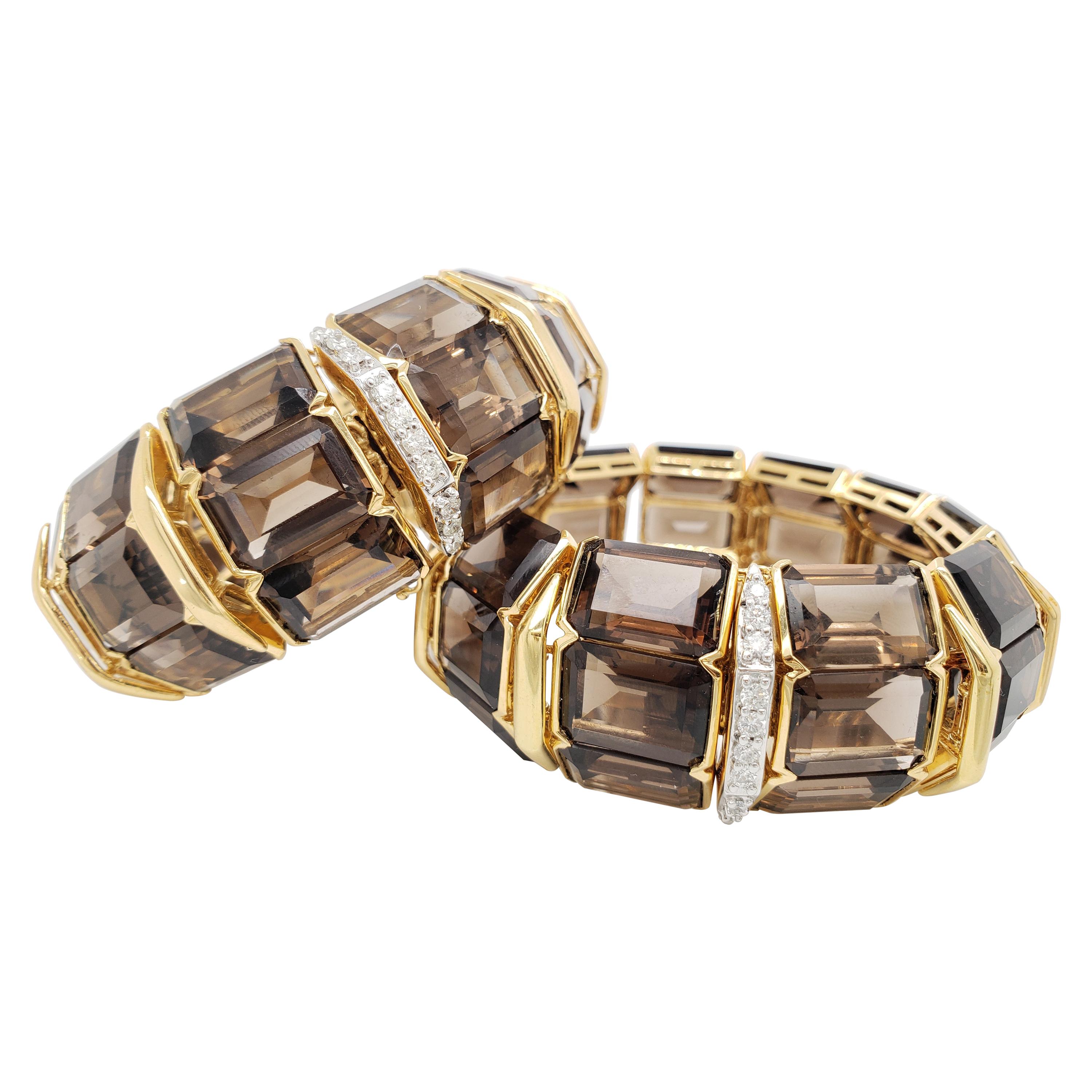 Smokey Quartz Bangles with Diamond Clasps 'Set of 2' For Sale at 1stDibs
