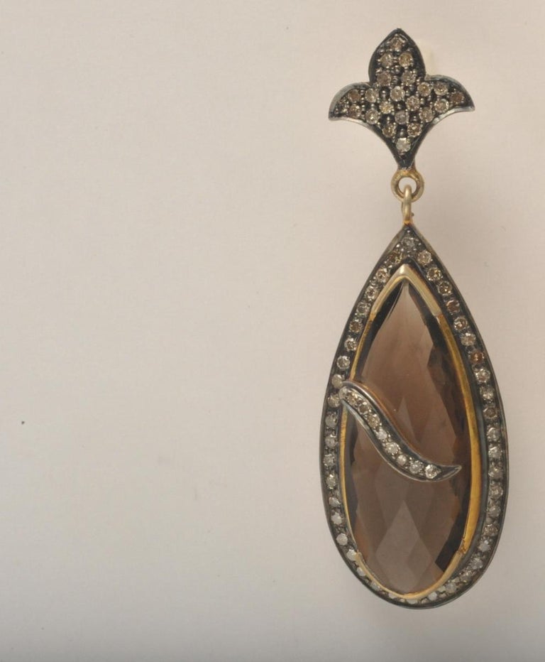 Smokey Quartz Faceted Earrings with Pave' Set Diamonds For Sale at 1stDibs