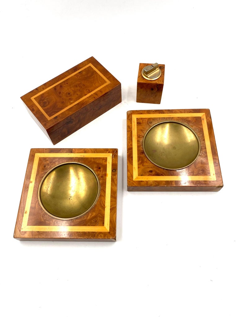Smoking Set, brass and wood ashtrays, lighter and cigars box, Italy ...