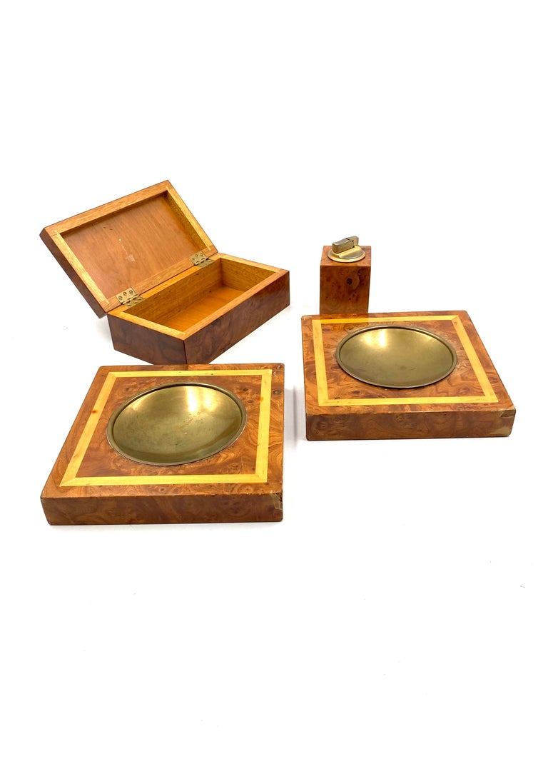 Smoking Set, brass and wood ashtrays, lighter and cigars box, Italy ...