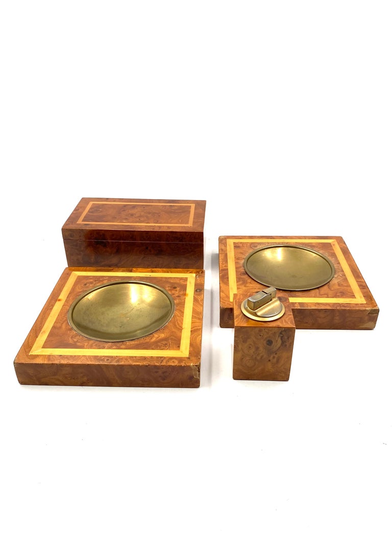 Smoking Set, brass and wood ashtrays, lighter and cigars box, Italy ...