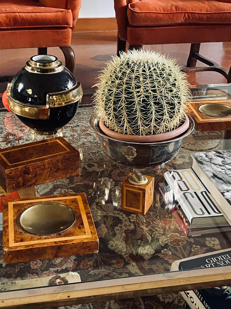 Smoking Set, brass and wood ashtrays, lighter and cigars box, Italy ...