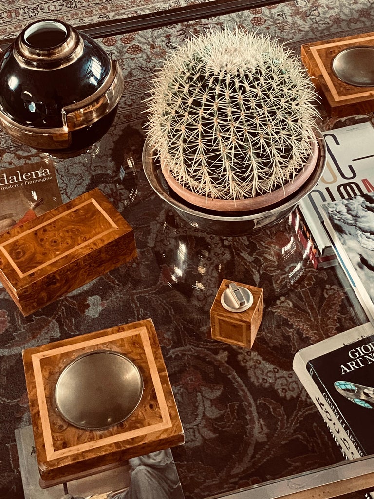 Smoking Set, brass and wood ashtrays, lighter and cigars box, Italy ...