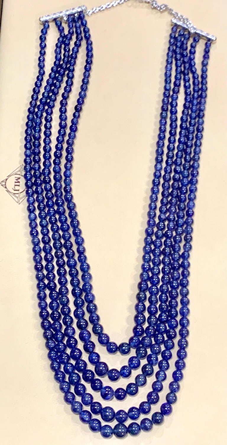 Smooth 800 Carat Natural Tanzanite Bead Five Strand Necklace 14 Karat ...