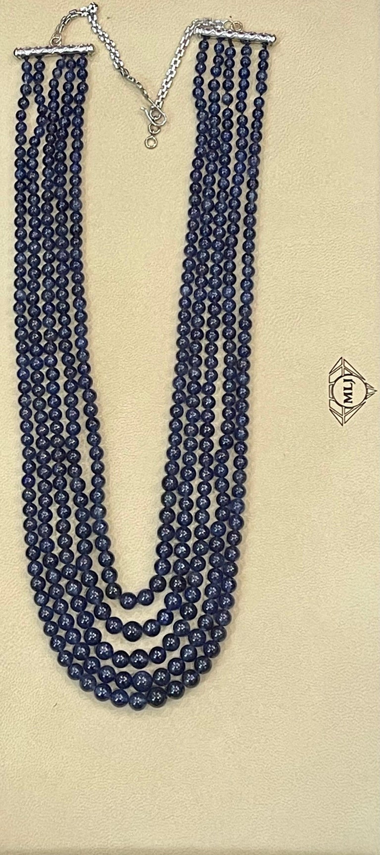 Smooth 800 Carat Natural Tanzanite Bead Five Strand Necklace 14 Karat ...