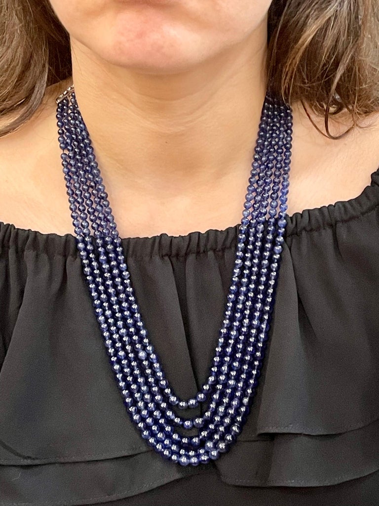 Smooth 800 Carat Natural Tanzanite Bead Five Strand Necklace 14 Karat ...