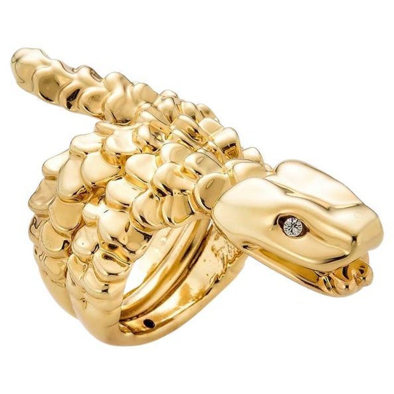 Snake 18K Gold Plated Ring Encrusted With White Topaz For Sale at 1stDibs
