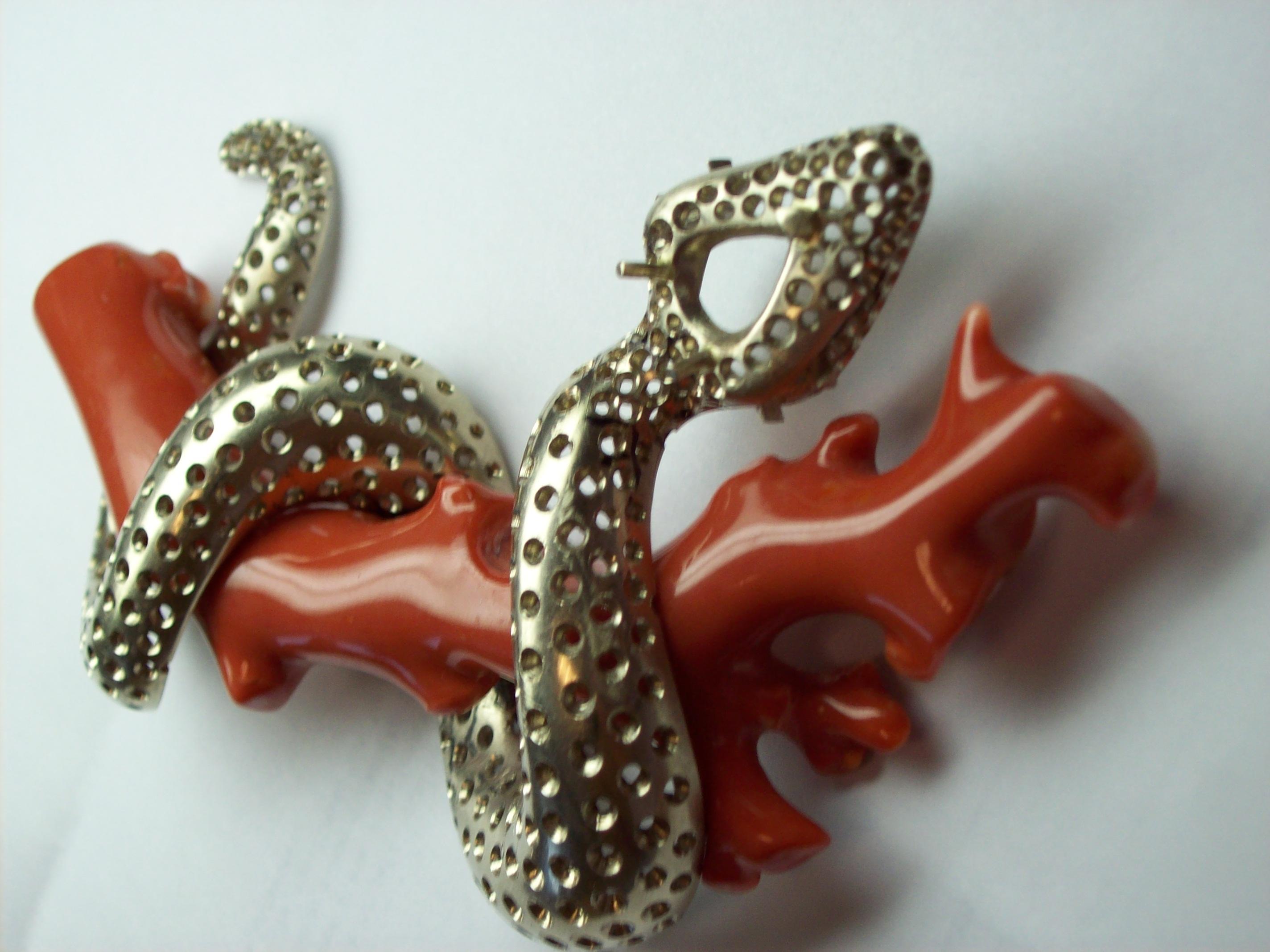Snake Brooch Diamonds Coral Onyx "Basilisk" Design by Ella Gafter For ...
