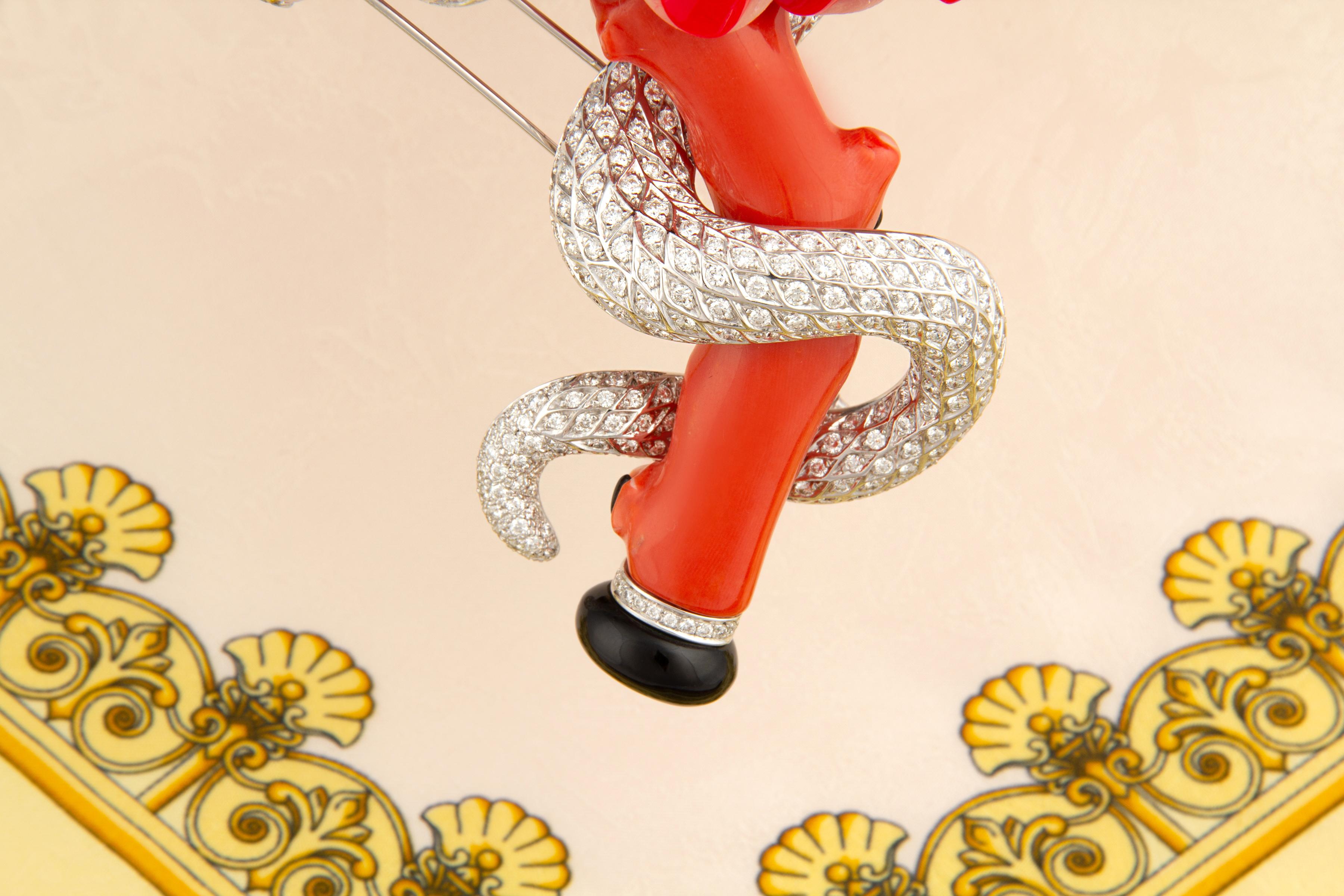 Snake Brooch Diamonds Coral Onyx "Basilisk" Design by Ella Gafter For ...