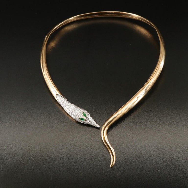 Snake Pear Shaped Emerald Diamonds Torque Necklace Minimalist 18K ...