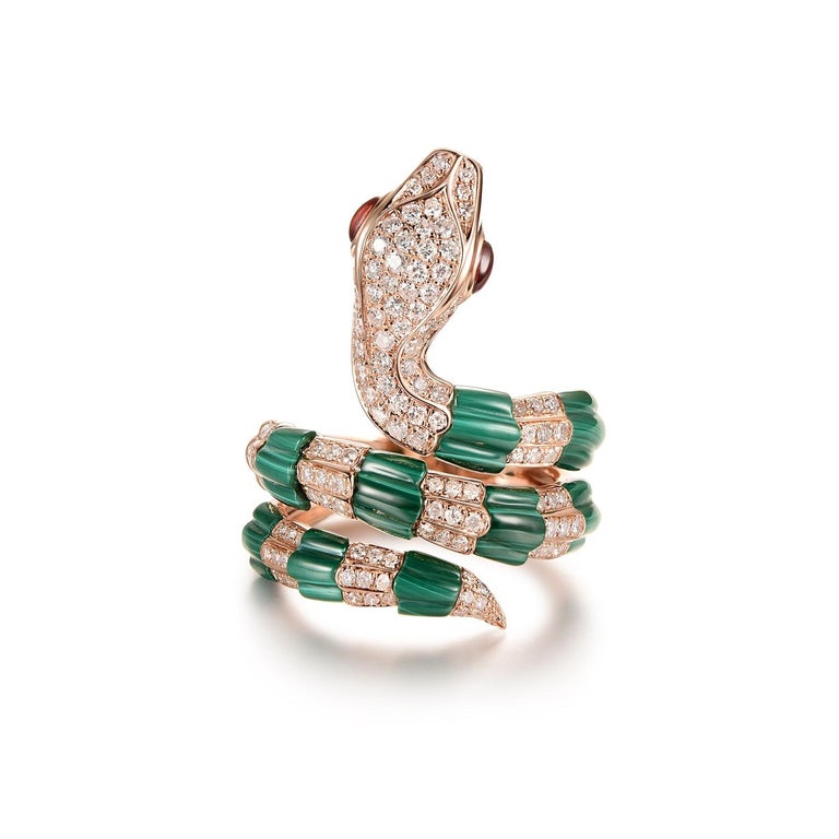 Snake Ring with Malachite and Diamond Ring in 14 Karat Rose Gold For ...