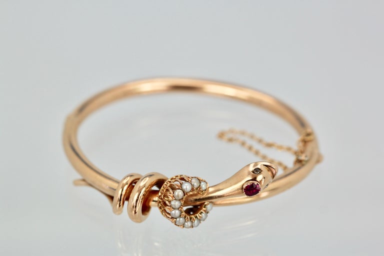 Snake Serpent Bracelet Ruby Head Pearl Collar 18 Karat For Sale at ...