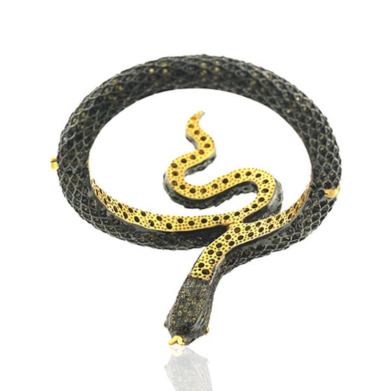 Snake Shaped Bangle With Sapphire and Pave Diamonds Made in 14k Gold ...