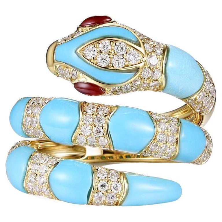 Snake Ring Stabilized Turquoise and Diamond Ring in 18 Karat Yellow ...