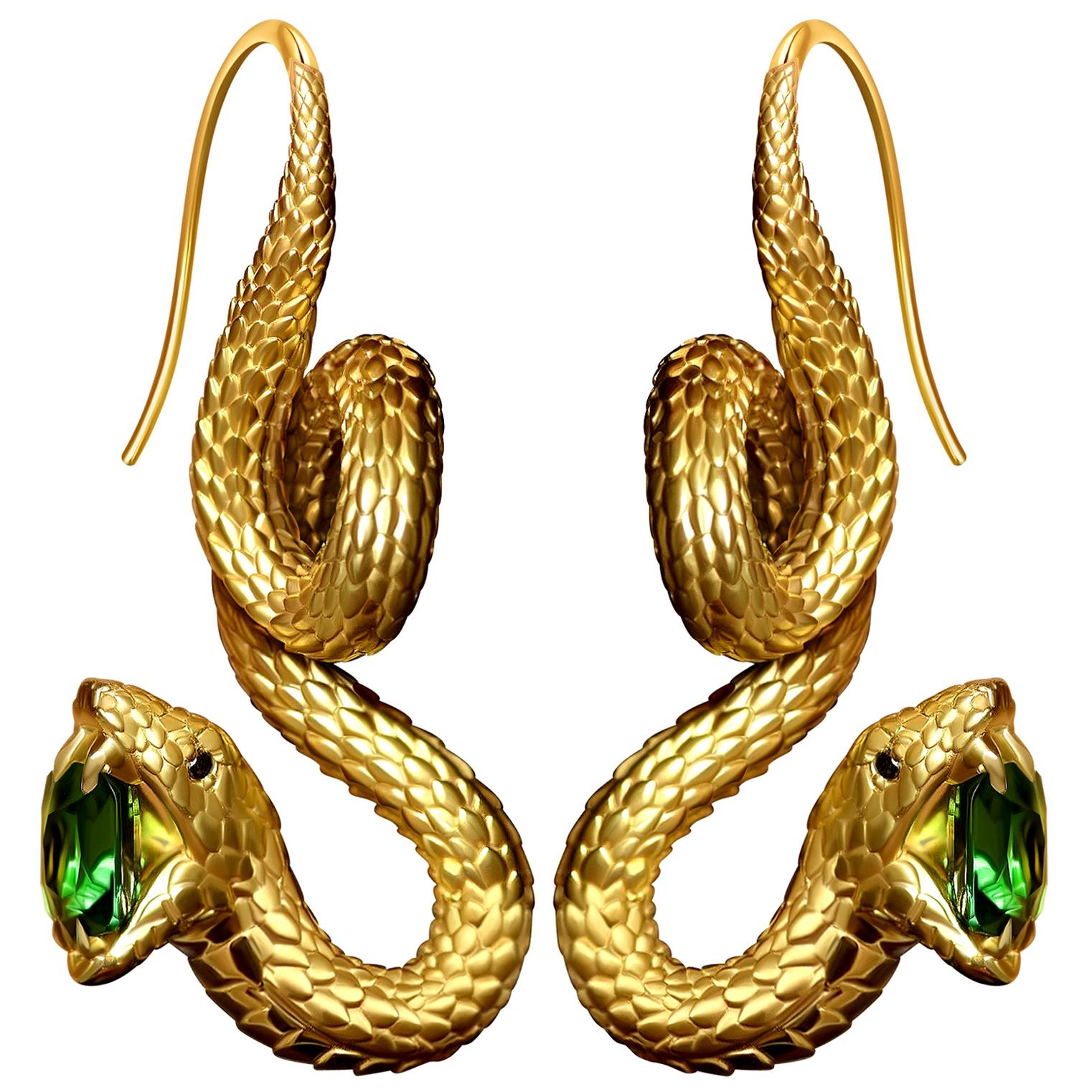 "Snakes" Earrings 5,11 Carat Intense Green Tsavorite 18 Karat Matte ...
