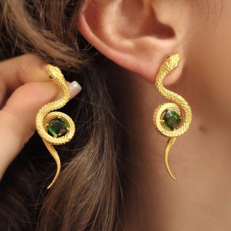"Snakes" Earrings 6.5 Carat Intense Green Tourmaline 18 Karat Yellow ...