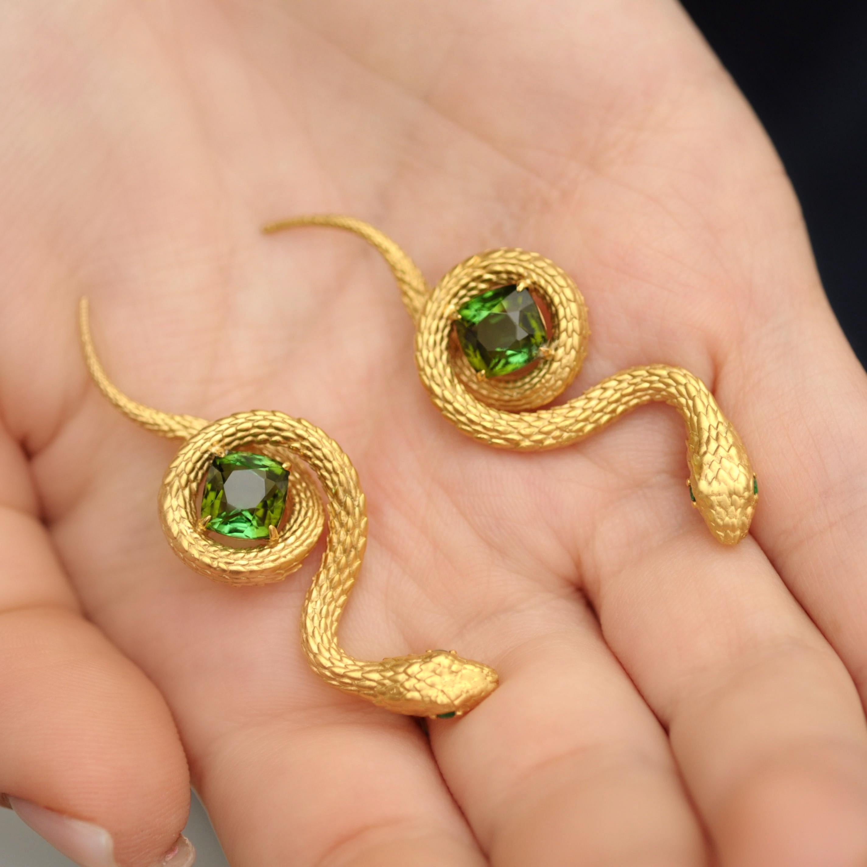 "Snakes" Earrings 6.5 Carat Intense Green Tourmaline 18 Karat Yellow ...