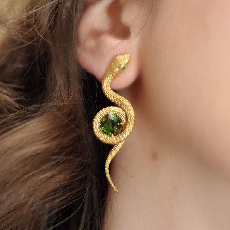 "Snakes" Earrings 6.5 Carat Intense Green Tourmaline 18 Karat Yellow ...