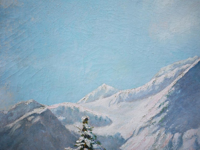Snowy Mountains Painting Mountains Winter Oil on Canvas, 1947 at 1stDibs
