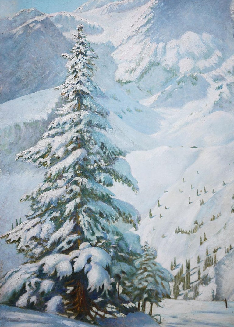 Snowy Mountains Painting Mountains Winter Oil on Canvas, 1947 at 1stDibs