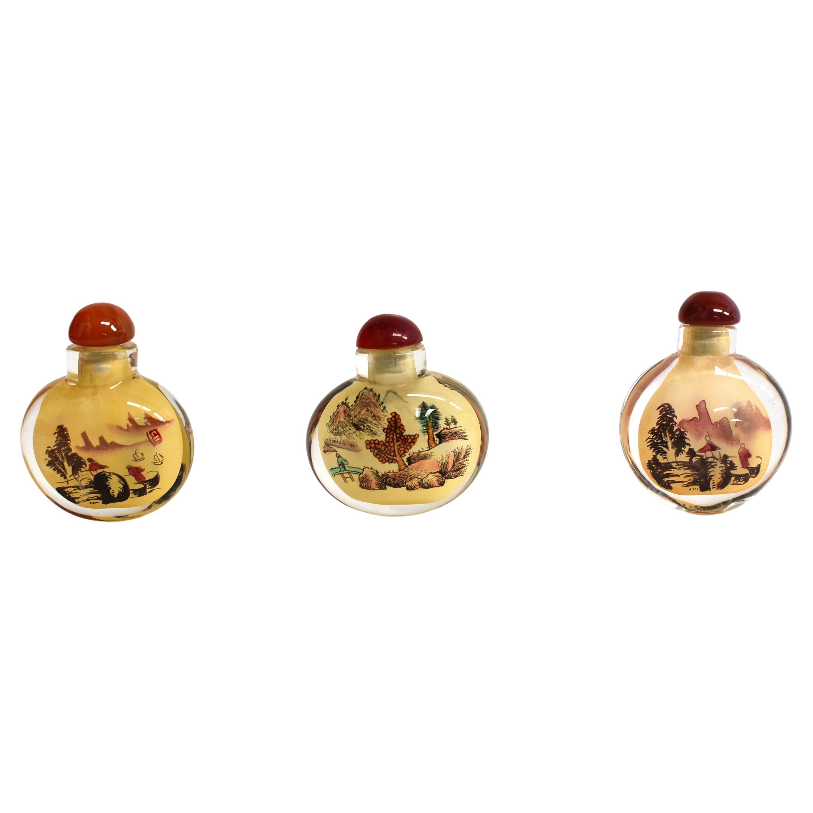 Set of Three Eglomise Reverse Painted Snuff Bottles with Zodiac Animals ...