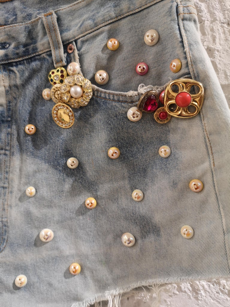 SOAB Light blue buttons and beads handmade cotton short For Sale at 1stDibs