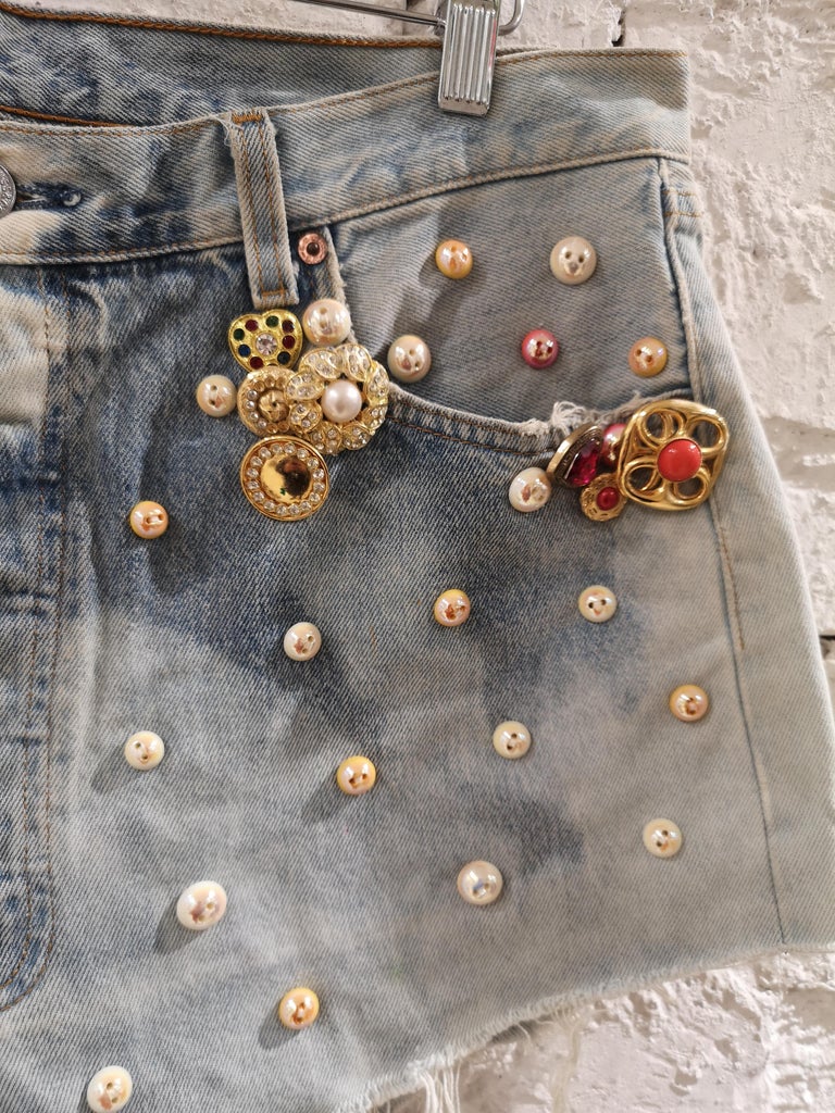 SOAB Light blue buttons and beads handmade cotton short For Sale at 1stDibs