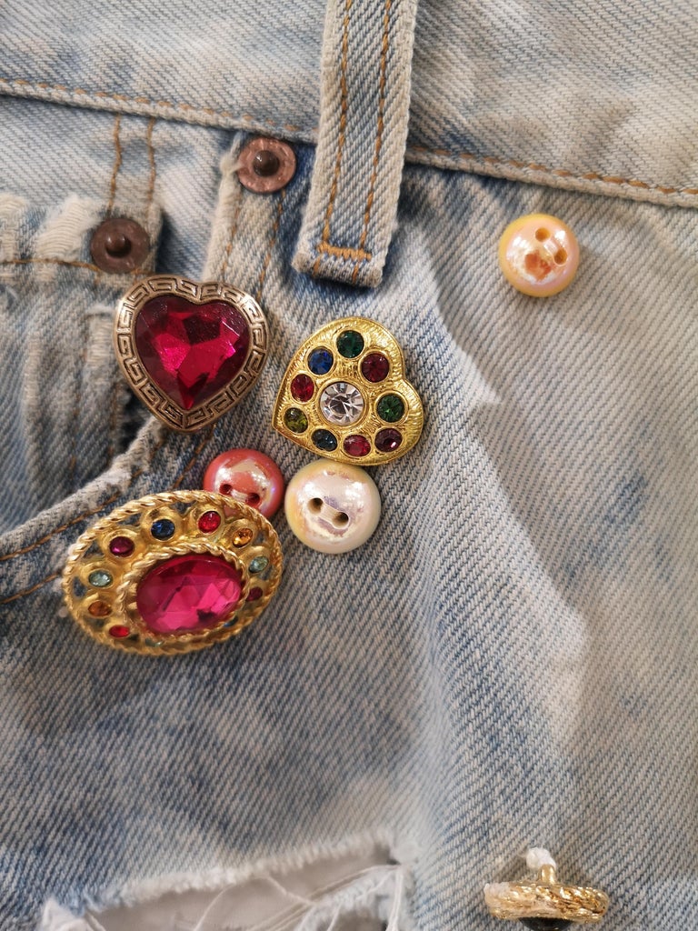 SOAB Light blue buttons and beads handmade cotton short For Sale at 1stDibs